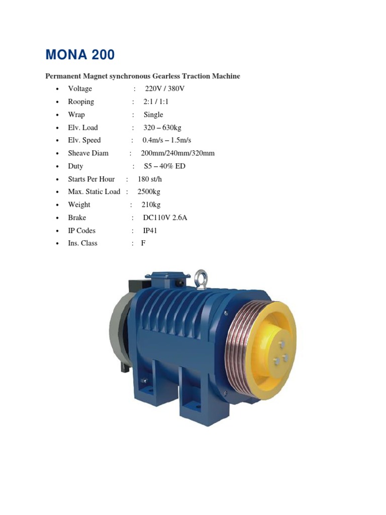 Mona 200 Elevators Gearless Traction Machine | PDF