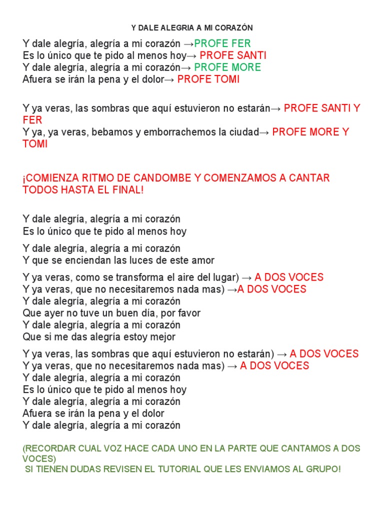 Letra de "Dale Alegría a Mi Corazón" | PDF