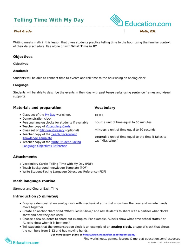 Telling Time With My Day: Objectives | PDF