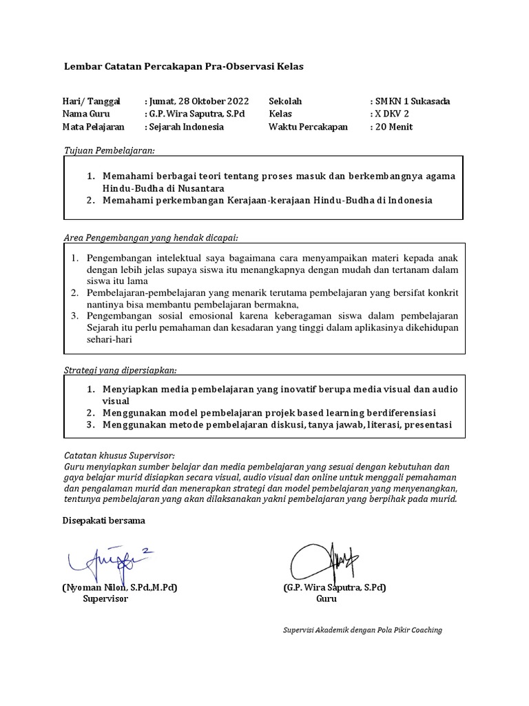 1 - Lembar Catatan Percakapan Pra-Observasi Kelas - Nyoman Nilon | PDF