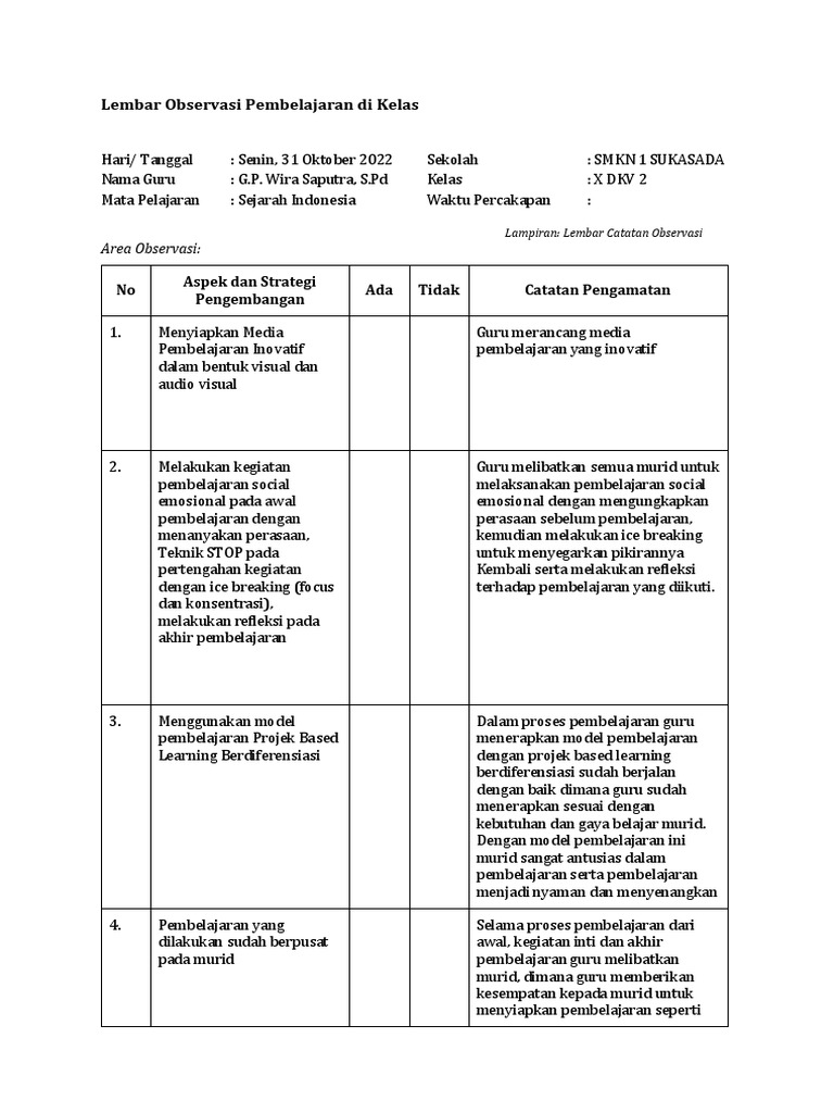 2 - Lembar Observasi Pembelajaran Di Kelas - Nyoman Nilon | PDF