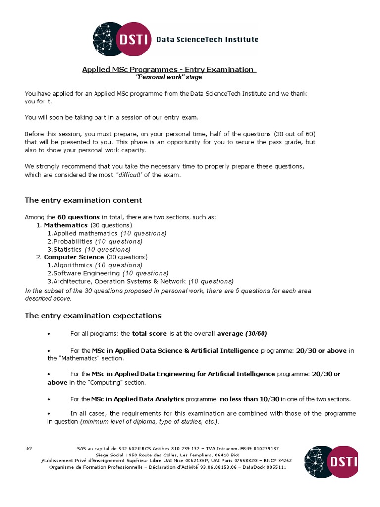 Entry Exam DSTI Preparation Questions | PDF