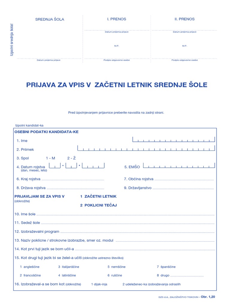 Prijava Za Vpis V Sredno Solo | PDF