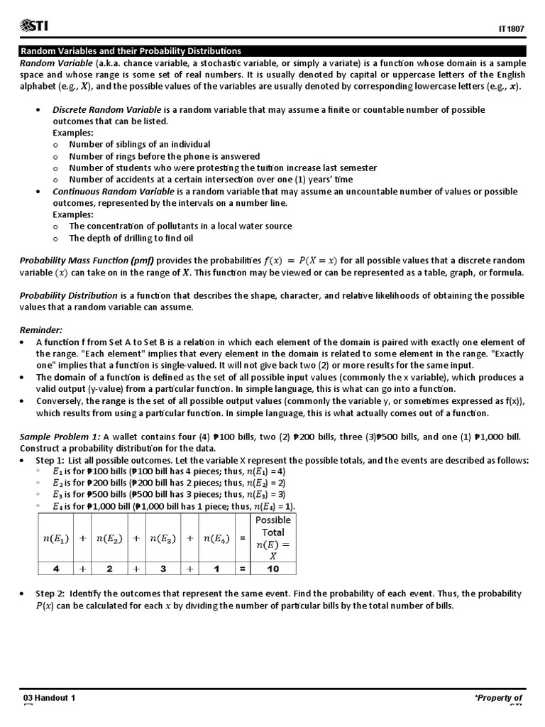 Random Variables and Their Probability Distributions: o o o o | PDF ...