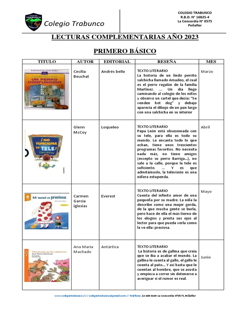 Lecturas Complementarias 1° Basico 2023 | PDF