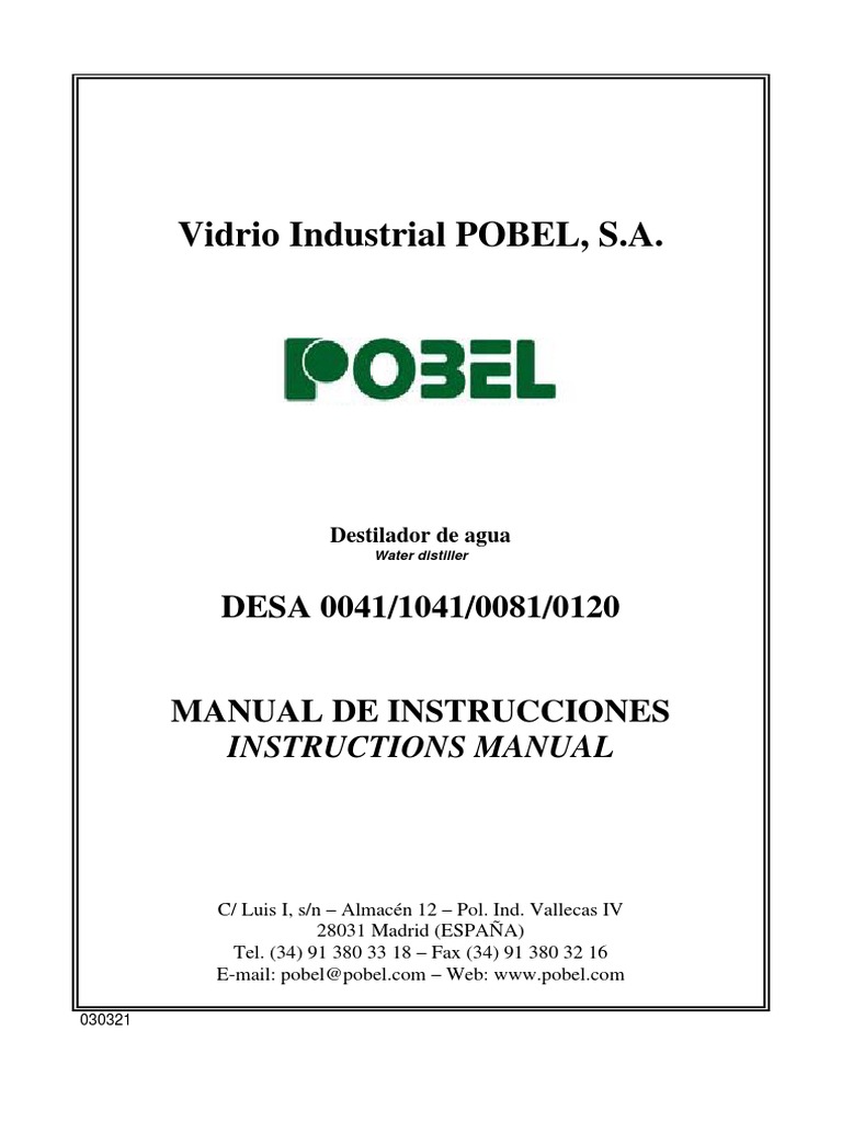 Manual del Destilador de Agua POBEL | PDF | Los consumidores | Agua