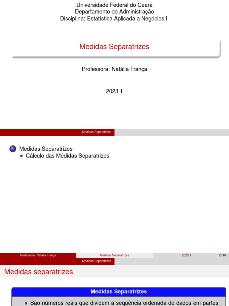 Medidas Separatrizes 2023 Slides | PDF | Média | Mediana (Estatística)