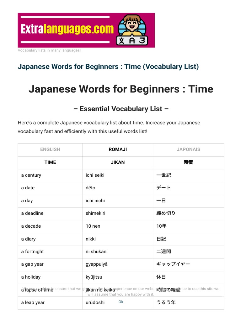 Japanese Words For Beginners - Time (Vocabulary List) | PDF