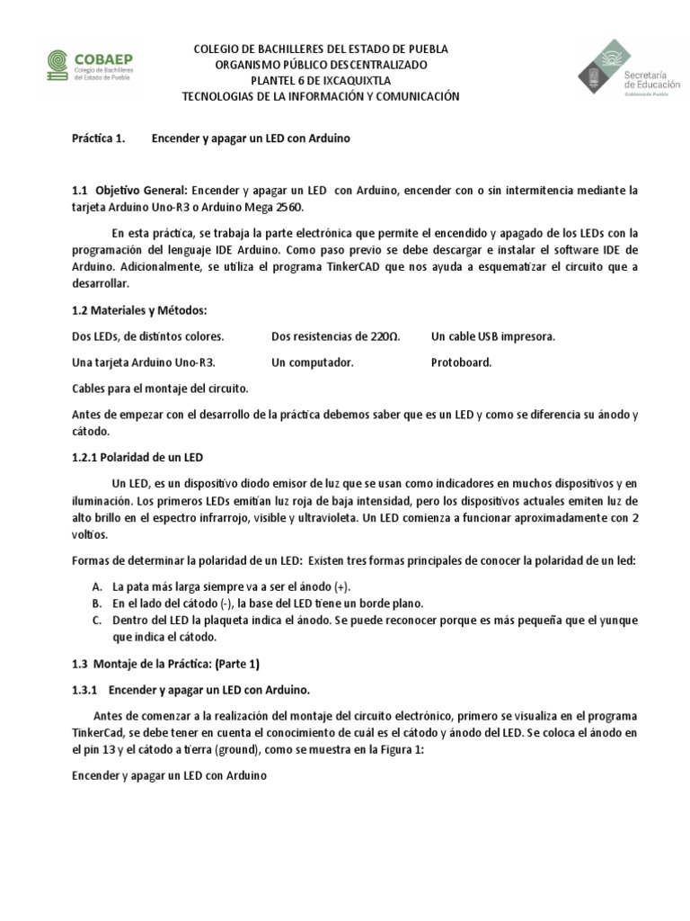 Practica1 Arduino | PDF | Diodo emisor de luz | Arduino