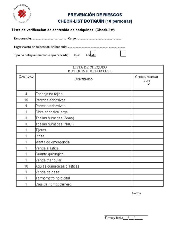 Check List Botiquin (10personas) | PDF | Primeros auxilios | Servicios ...
