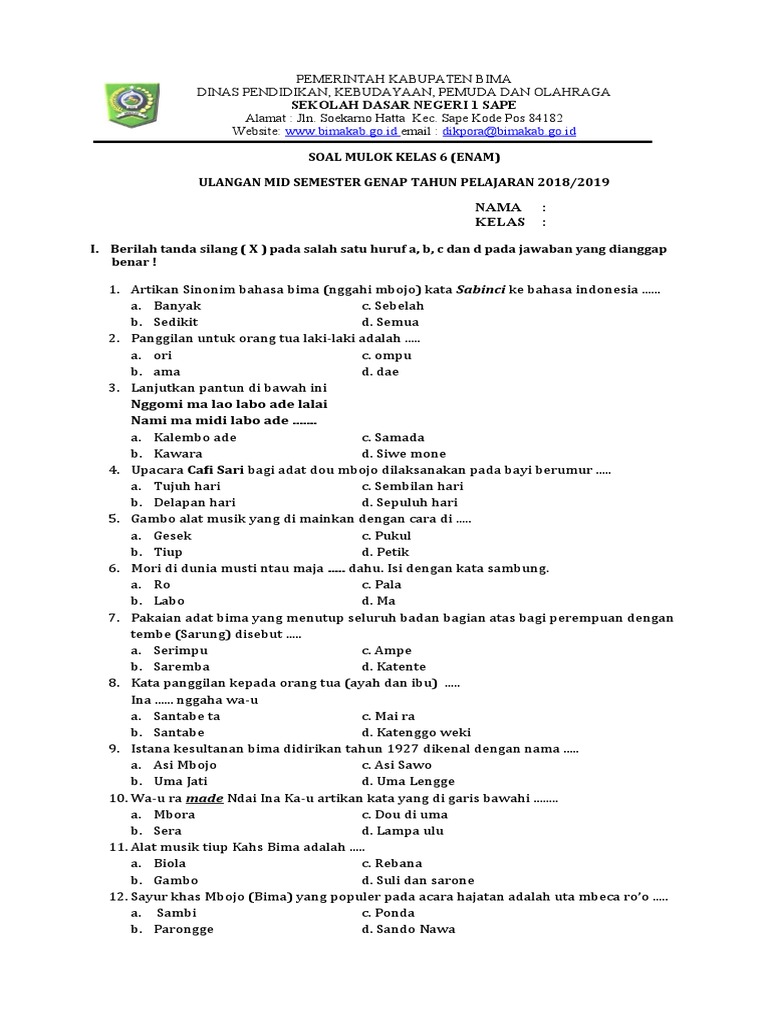Soal Kelas 6 Mid Semester Mulok | PDF