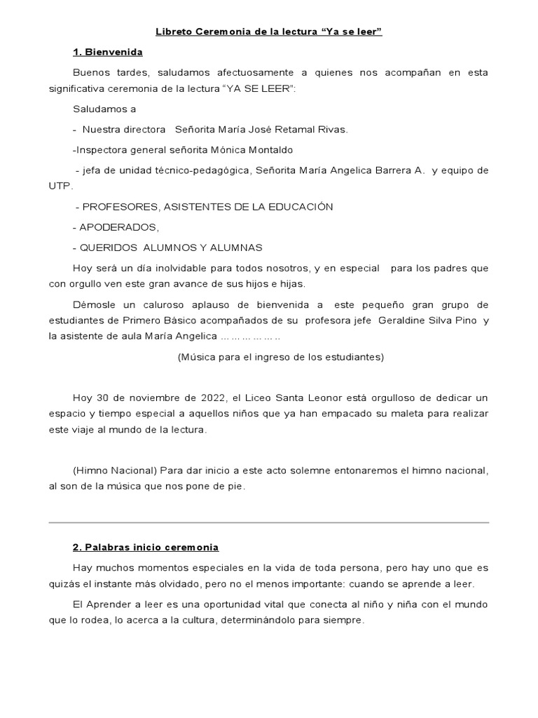Libreto Ceremonia de La Lectura | PDF