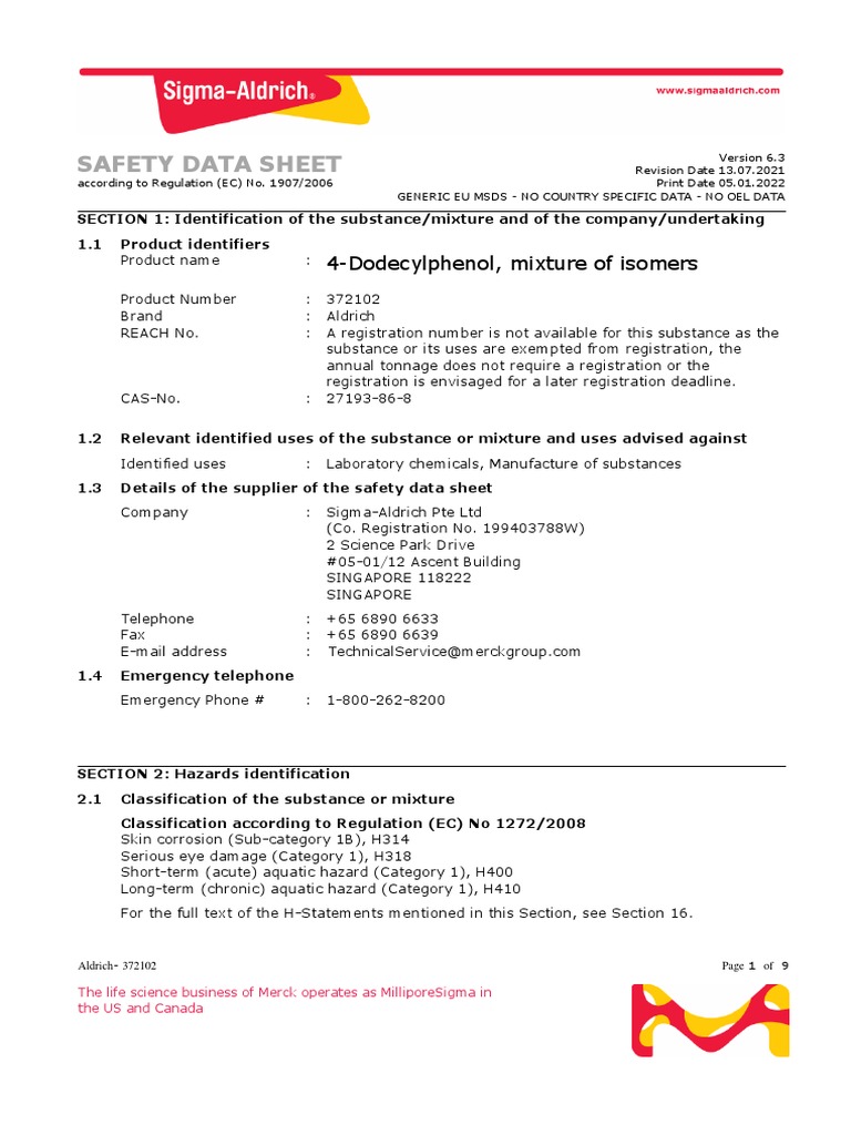 4-Dodecylphenol .Mix of Isomers - 372102 Sigma Aldrich SDS (EN) | PDF ...