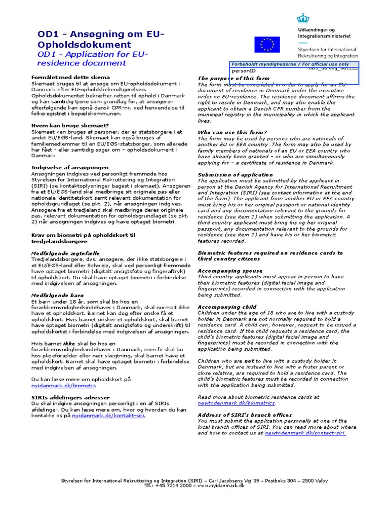 OD1 - Ansøgning Om EU-Opholdsdokument | PDF