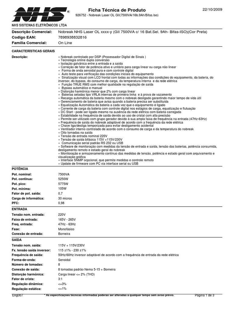 Ficha Técnica de Produto Laser Ext 7500VA | PDF