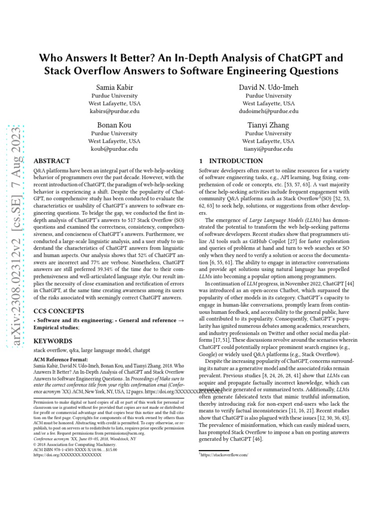 In-Depth Analysis of ChatGPT and Stack Overflow Answers To Software Engineering Questions | PDF