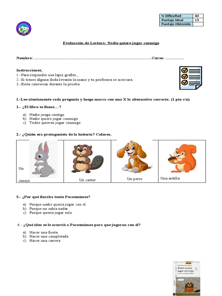 Evaluación de Lectura: Nadie Quiere Jugar | PDF