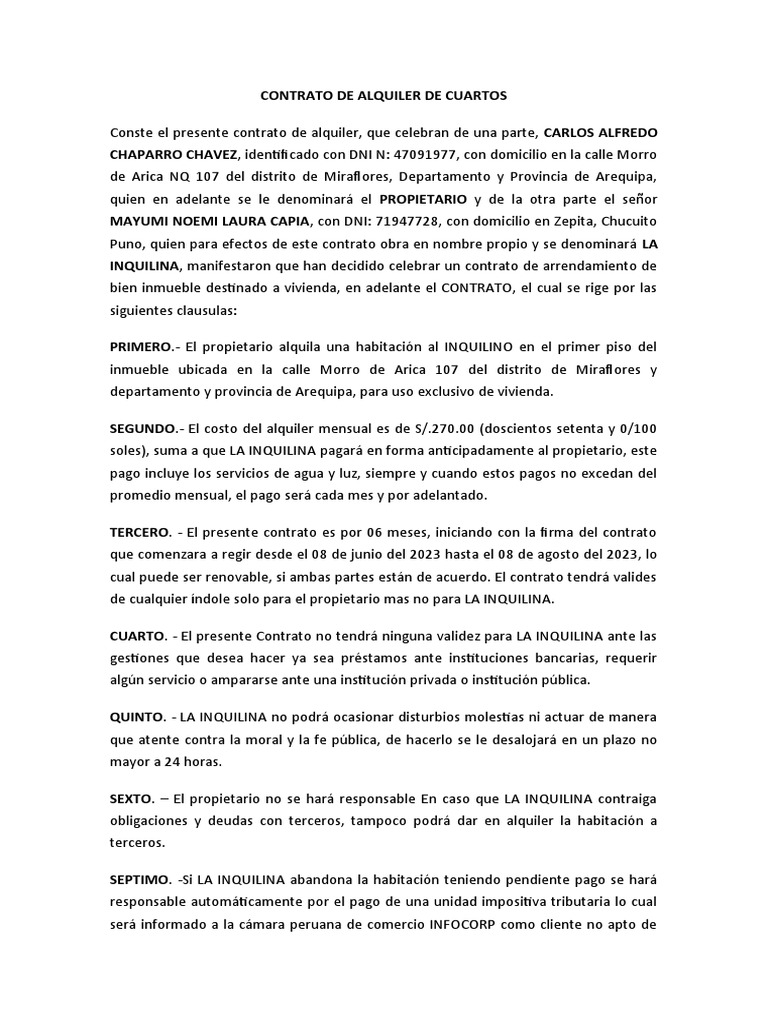Contrato de Alquiler de Cuartos | PDF