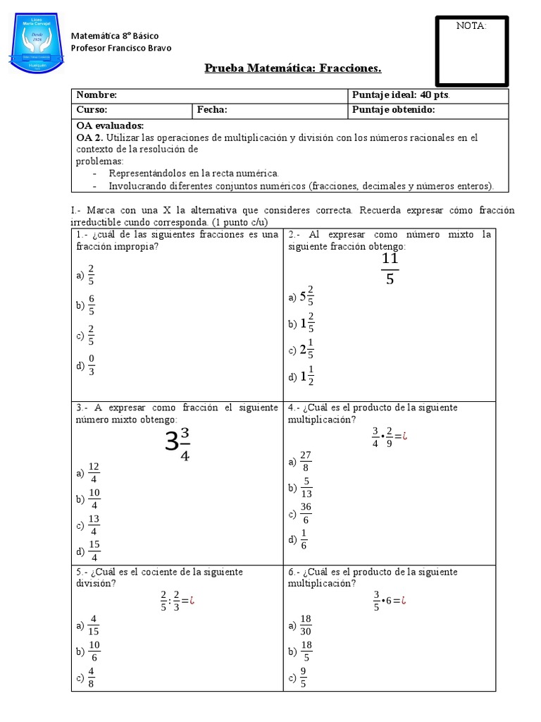 02 Prueba de Fracciones | PDF