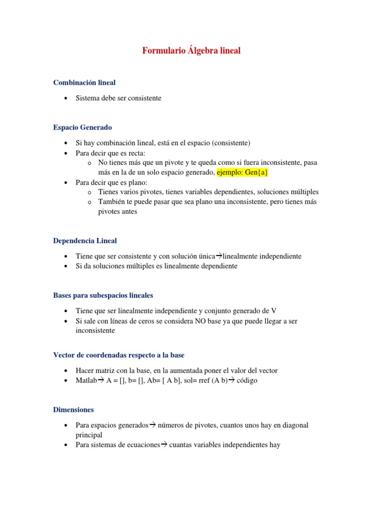 Formulario Álgebra lineal | PDF