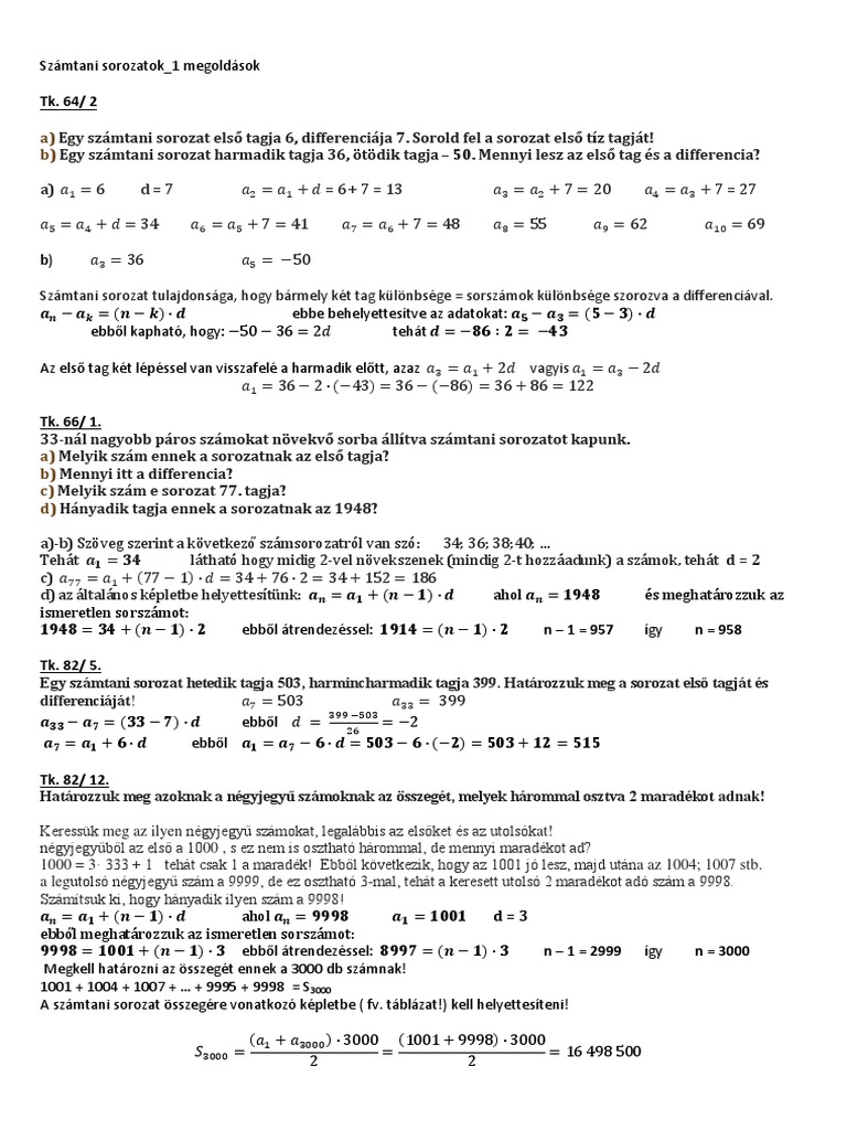 Feladatok Számtani Sorozatra - Megoldások | PDF