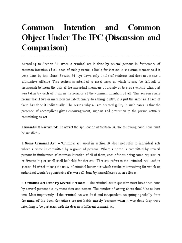 CH-1 Common Intention And Common Object Under The IPC (Discussion and Comparison) | PDF | Crimes ...