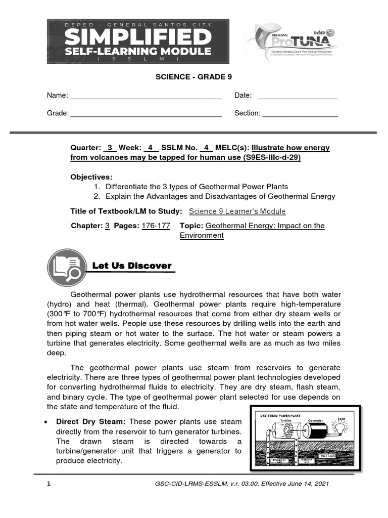 GRD9_SSLM_Q3_W4_MALINAO_FINAL | PDF | Geothermal Energy | Renewable Energy