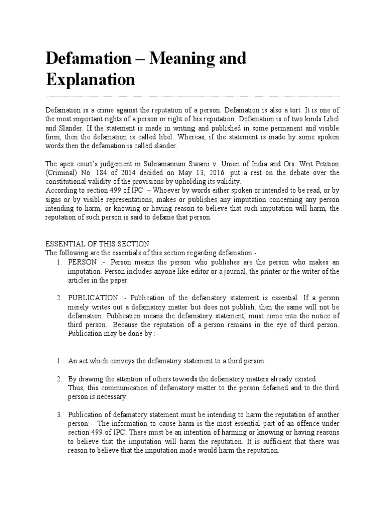 CH-23 Defamation - Meaning and Explanation | Download Free PDF ...