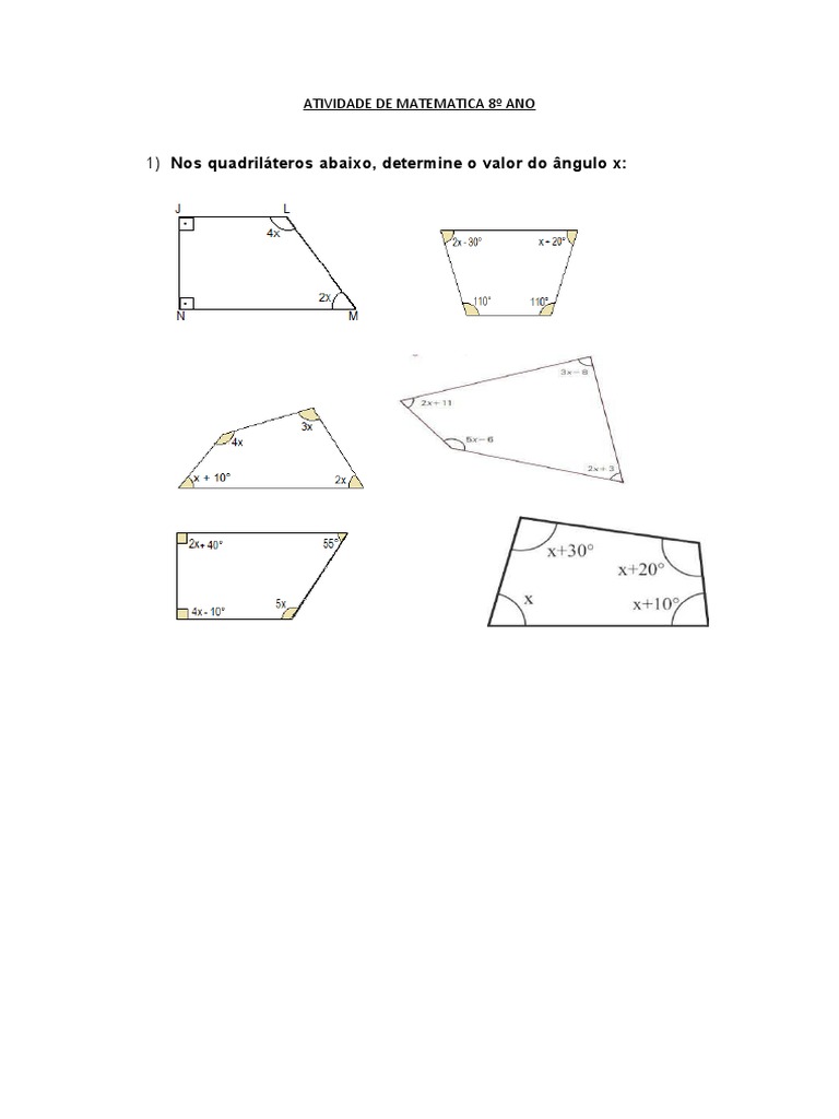 Ativ. de Mat. 8º Ano Quadrilatero | PDF
