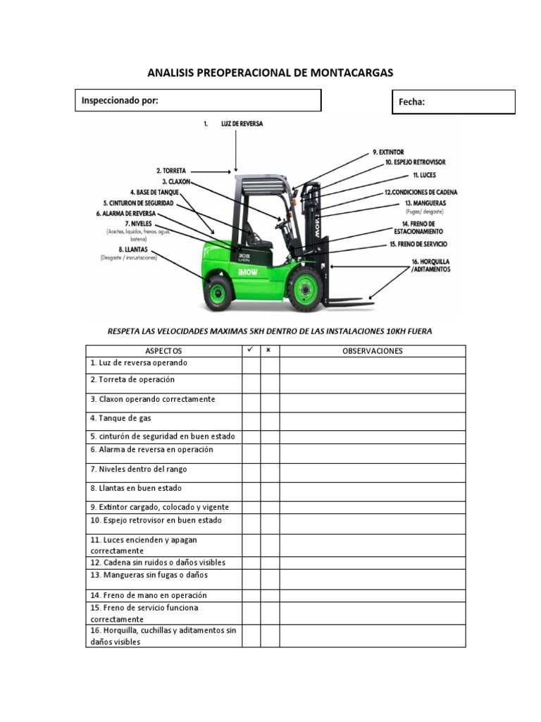 Análisis Preoperacional De Montacargas Pdf Tecnología