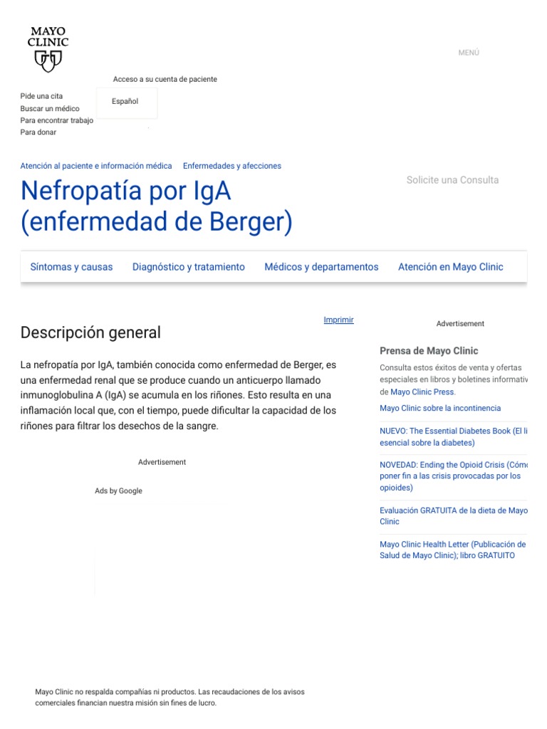 Nefropatía Por IgA (Enfermedad de Berger) - Síntomas y Causas - Mayo ...