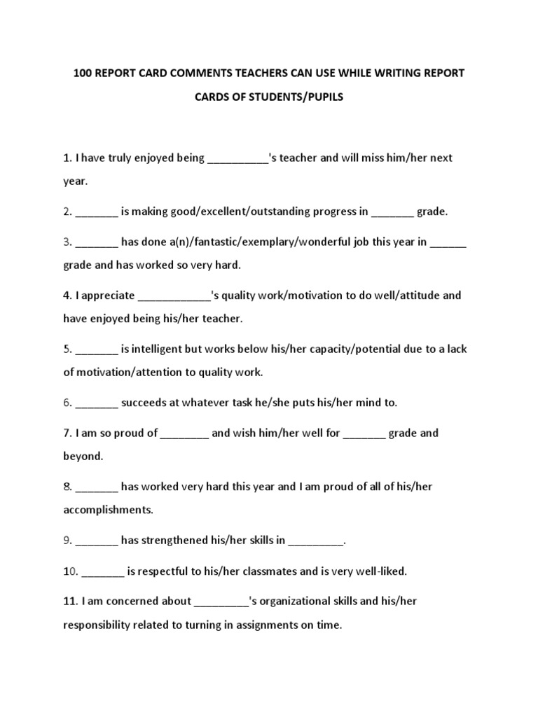 100 Report Card Comments for Teachers | PDF | Classroom | Teachers
