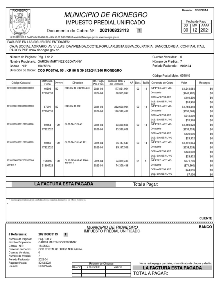 Municipio de Rionegro: Impuesto Predial Unificado | PDF | Bancario | Bancos