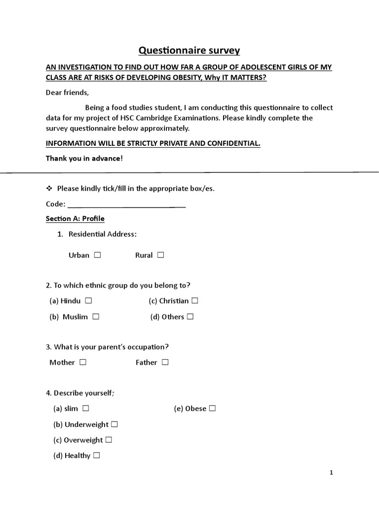 Questionnaire Survey | PDF | Meal | Obesity