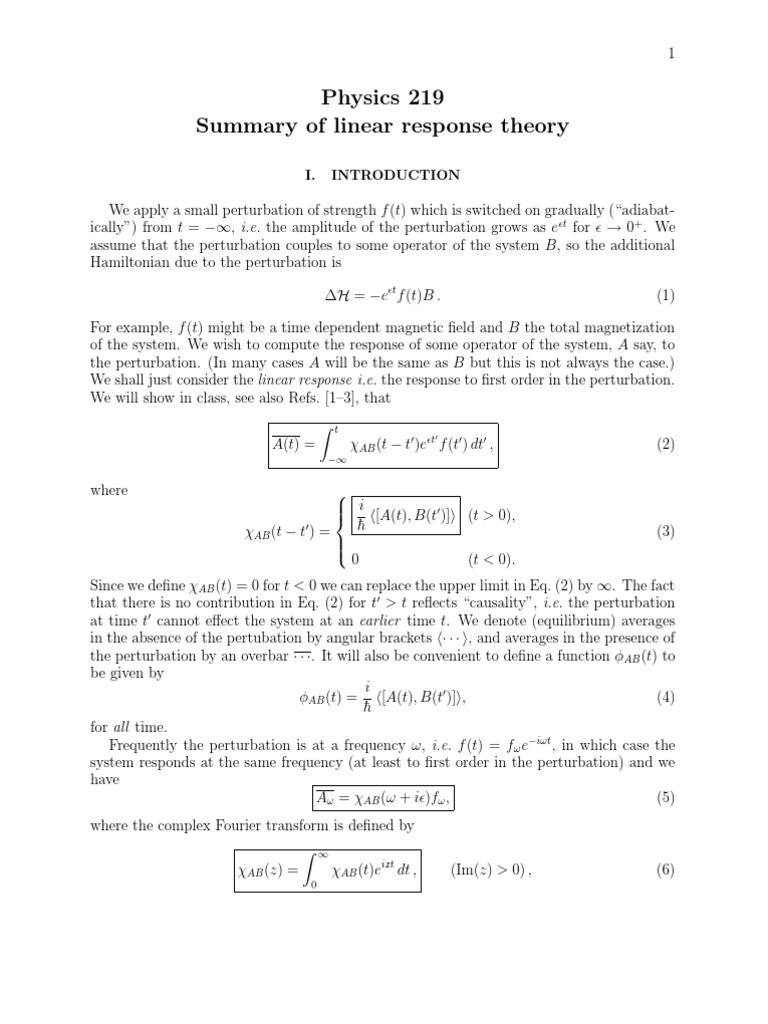 Physics 219 Summary of Linear Response Theory | PDF | Perturbation ...