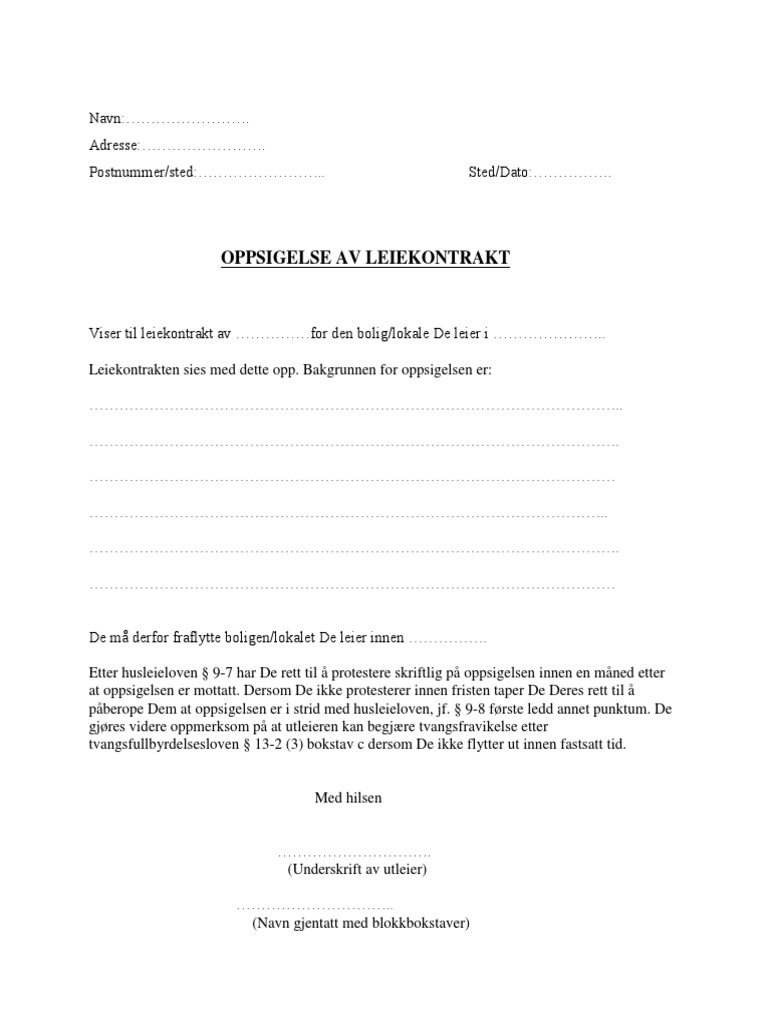 Oppsigelse Av Leiekontrakt | PDF