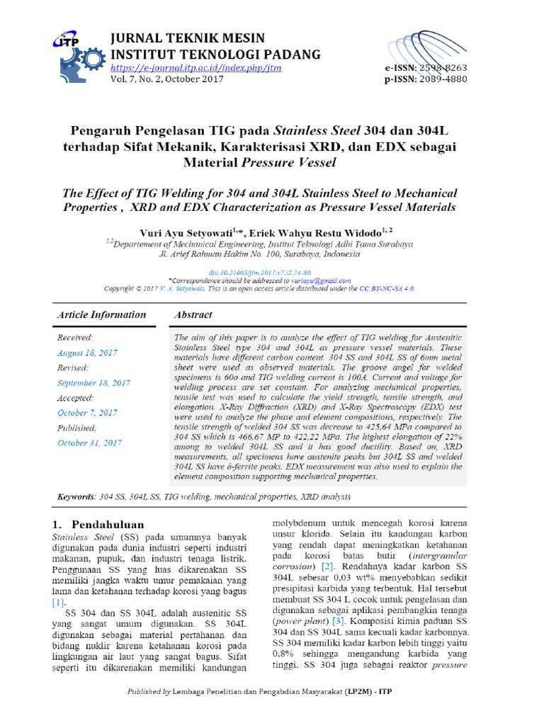 View of The Effect of TIG Welding For 304 and 304L Stainless Steel To Mechanical Properties, XRD ...