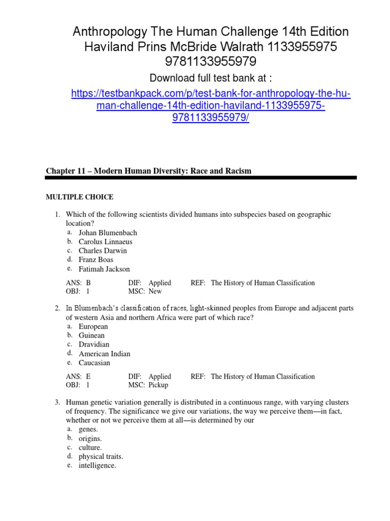 Anthropology The Human Challenge 14th Edition Haviland Test Bank 1 | PDF