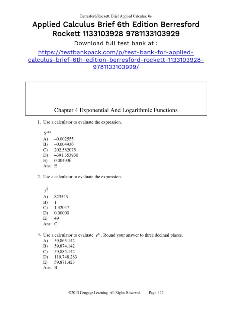 Applied Calculus Brief 6th Edition Berresford Test Bank 1 | PDF