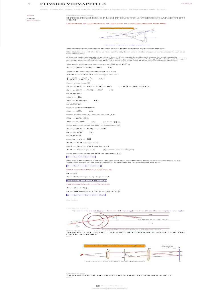 Wedge Shaped Film Interference Derivation | PDF | Diffraction | Optics