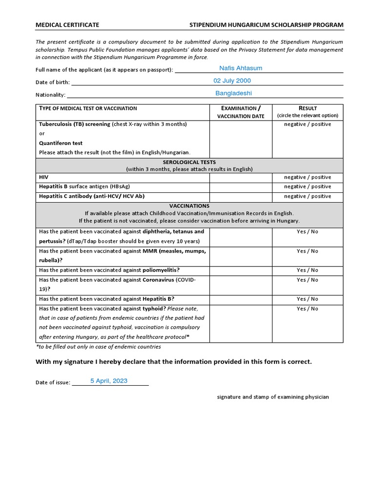 Medical Certificate 2023 2024 | Download Free PDF | Vaccines | Vaccination