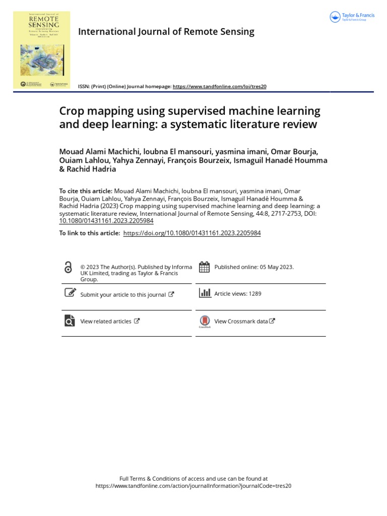 Crop Mapping Using Supervised Machine Learning and Deep Learning A Systematic Literature Review ...