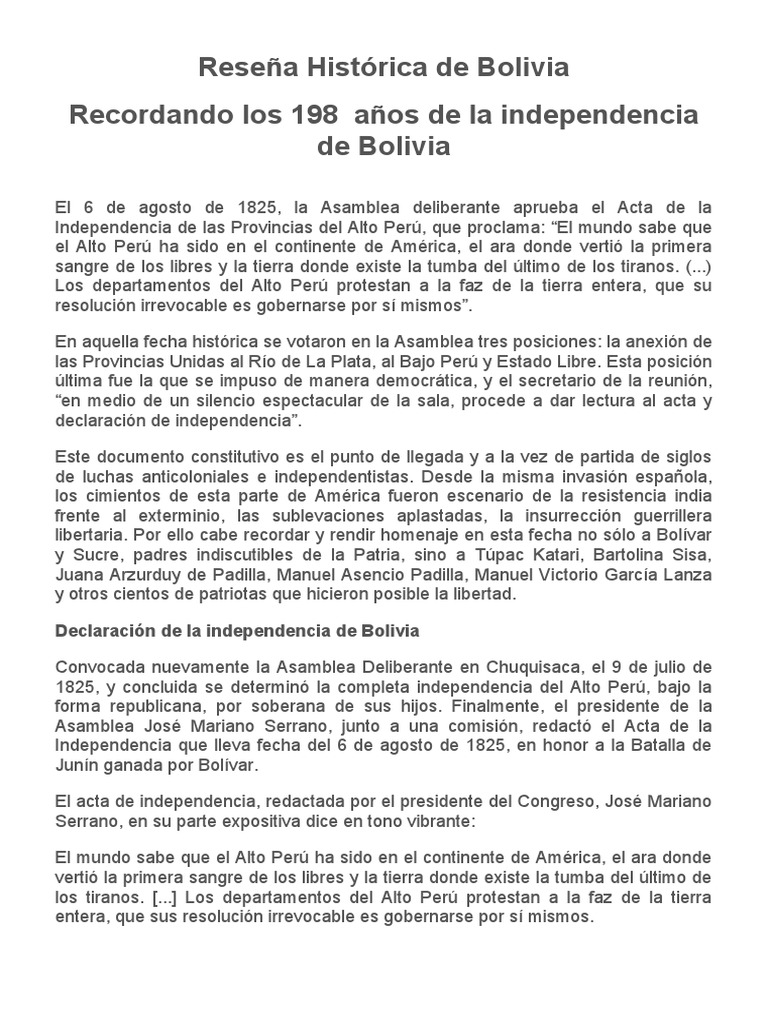 Reseña Histórica de Bolivia y su Independencia | PDF | América del Sur ...