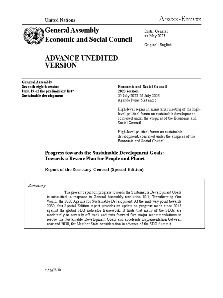 SDG Progress Report Special Edition 2023 Advance Unedited Version | PDF