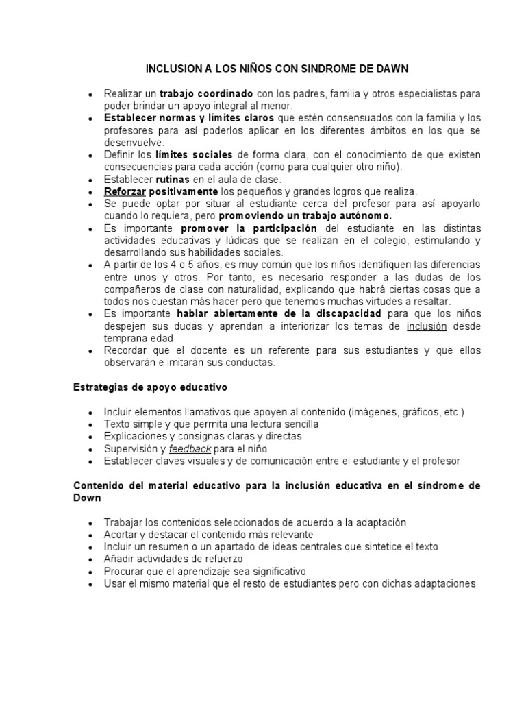 INCLUSION A LOS NIÑOS CON SINDROME DE DAWN | PDF | Maestros | Inclusión ...