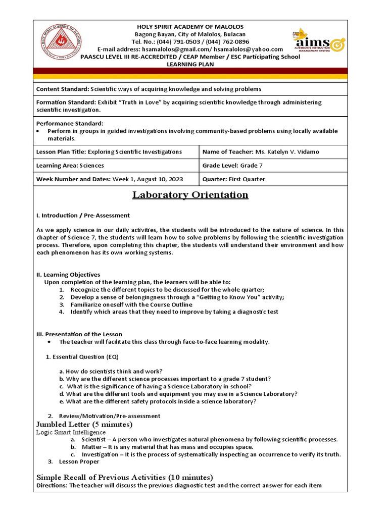 Grade 7 Science Lab Safety Plan | PDF