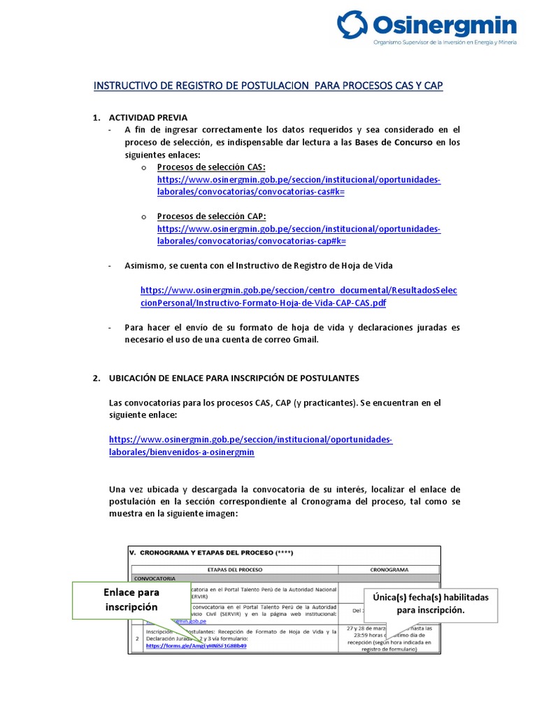 Osinergmin Instructivo Registro Postulacion CAP CAS | PDF