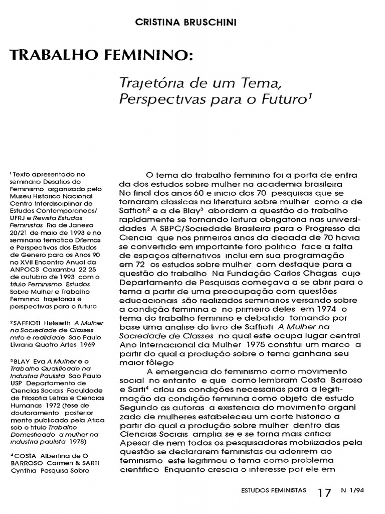 BRUSCHINI, Cristina. Trabalho Feminino | PDF | Estudos de Gênero | Gênero