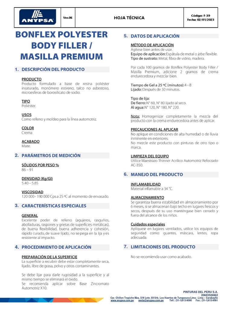 Bonflex Polyester Body Filler - Masilla Premium. | PDF