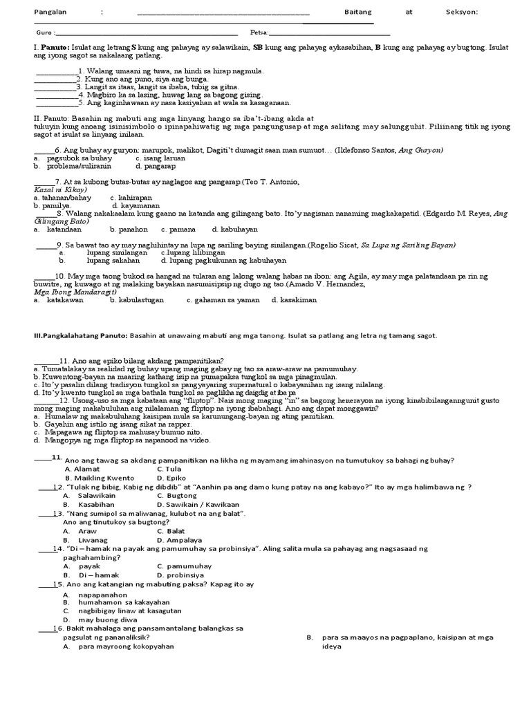 GRADE 8 FILIPINO Diagnostic Test | PDF